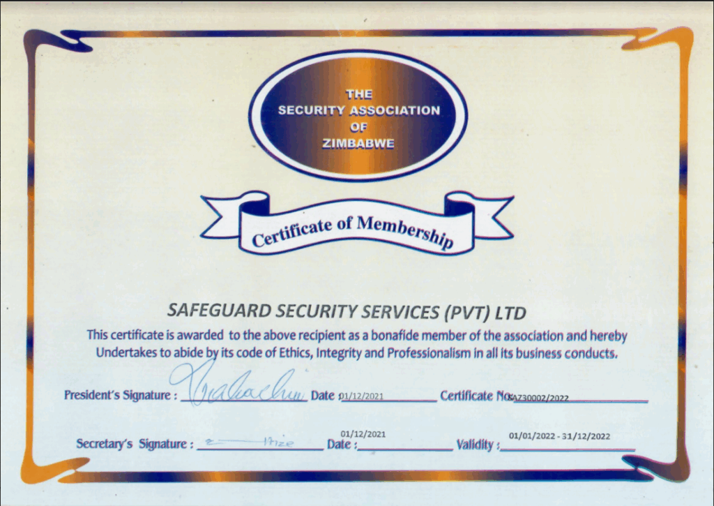 Awards and Certifications – Safeguard Security Zimbabwe
